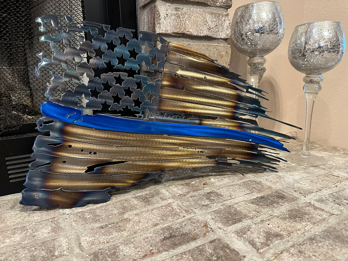 Tattered American Flag - Blue Line Edition – Mind Bending Metal Art
